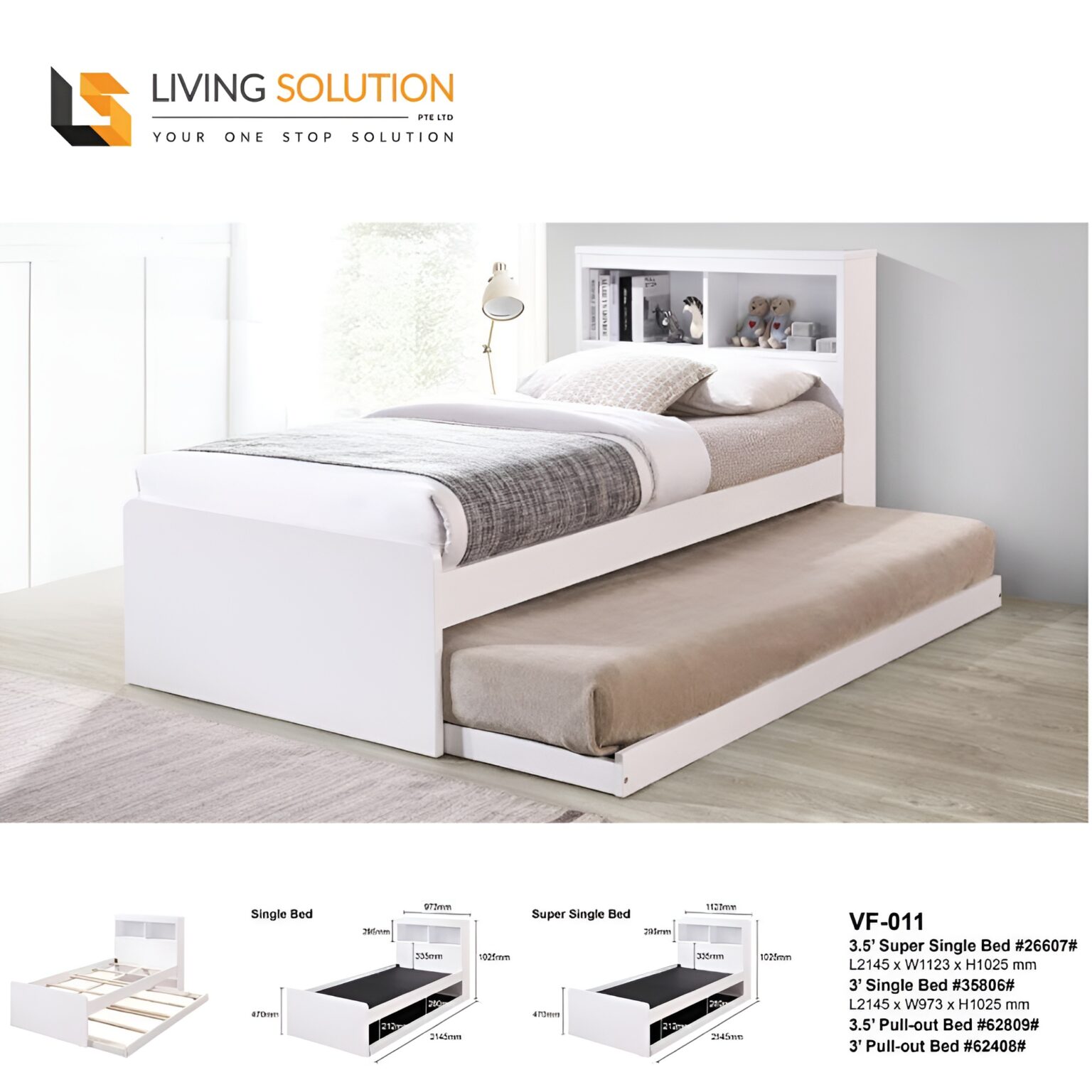 VF-011 Wooden Pull Out Bed Frame - Living Solution Pte Ltd