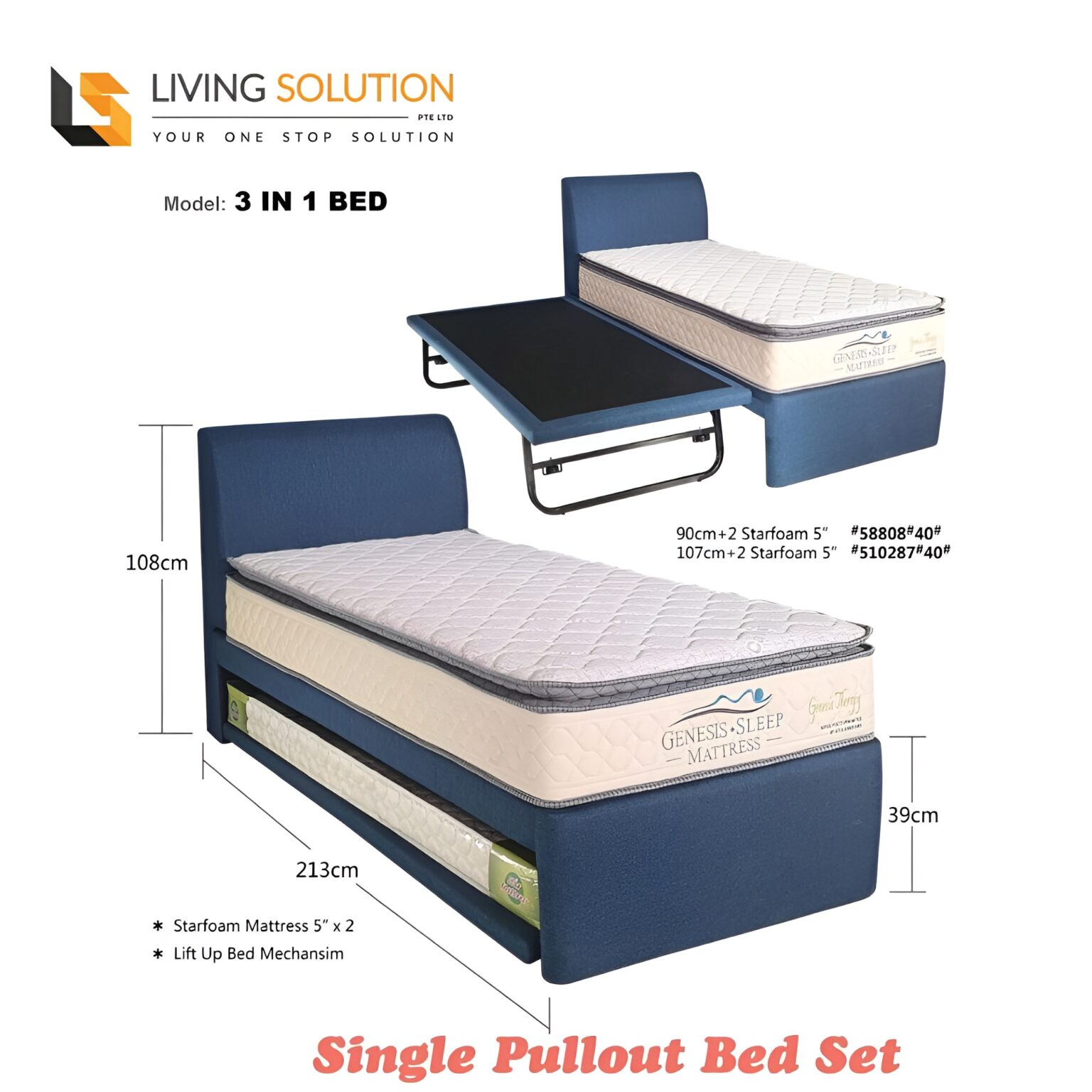 3 in 1 Pull Out Bed with Mattress Set - Living Solution Pte Ltd