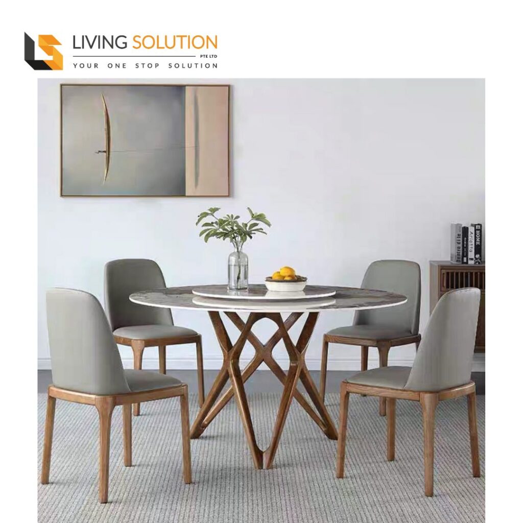 Vega Sintered Stone Ash Wood Round Dining Table - Living Solution Pte Ltd